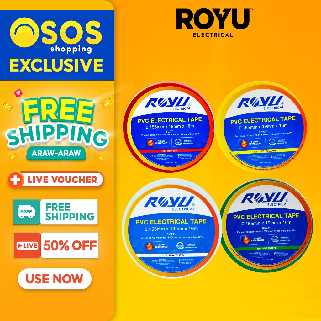 ROYU PVC Electrical Tape 0.155mm x 19mm 4M / 8M / 16M •OSOS• | Shopee ...