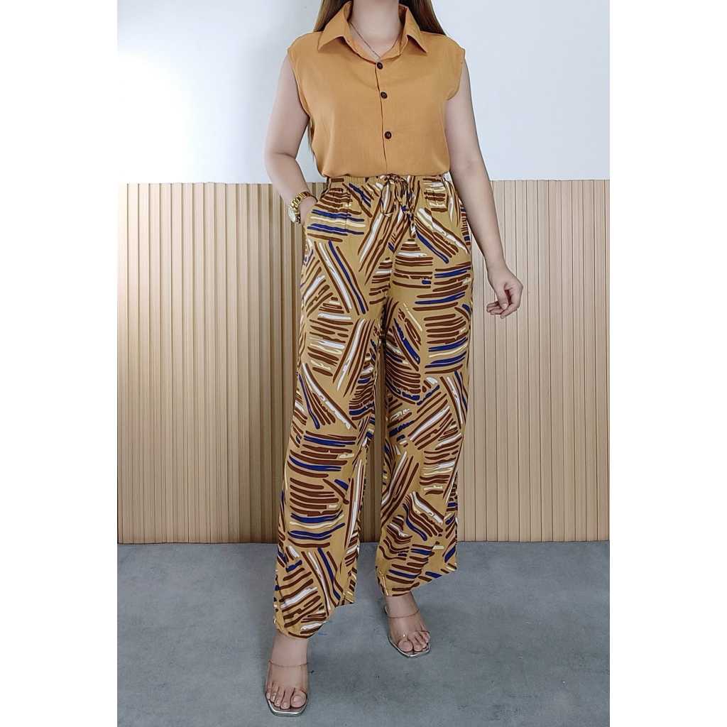 MFG Soft Linen Sleeveless w/ Collar Top Challis Squarepants Terno ...