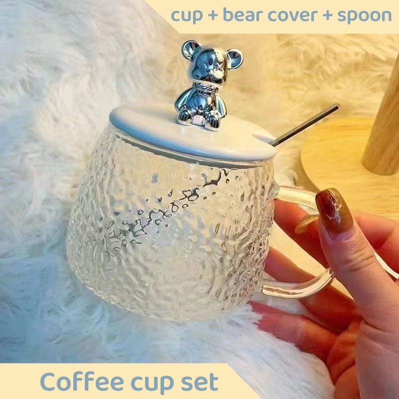 3 in1 Clear glass coffee mug with lid and spoon Coffee cup set souvenir ...