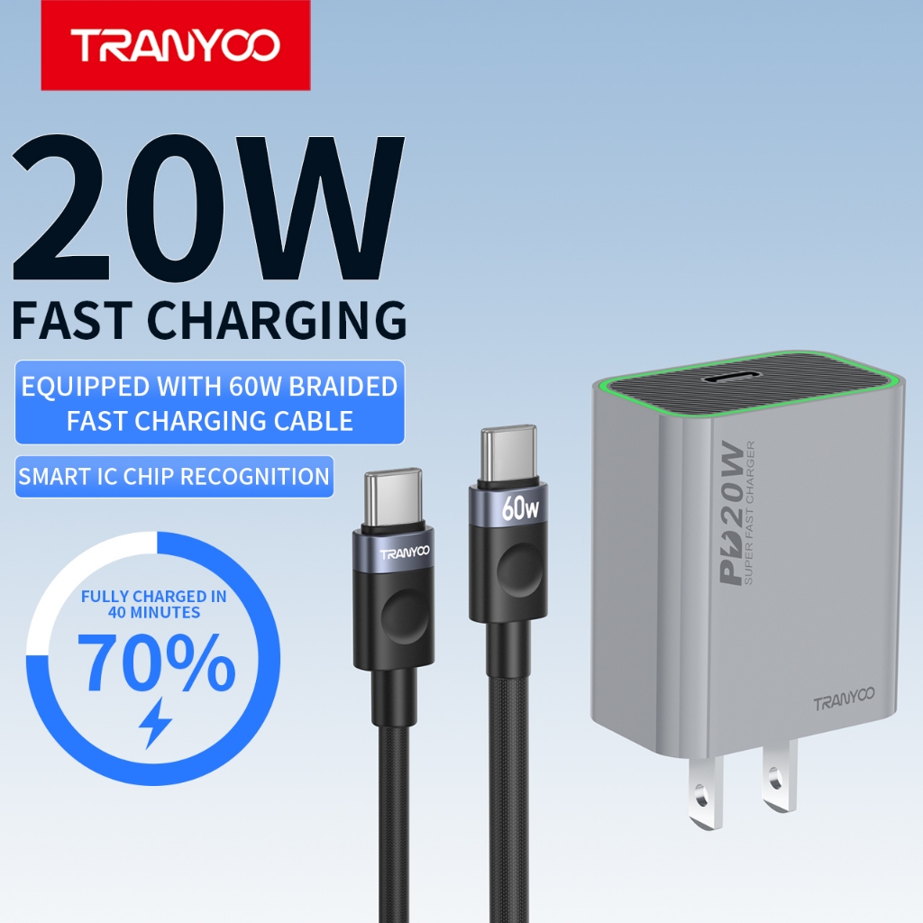 Tranyoo US7 20W Fast Charge set Type-C Port Power Adapter Type-C to Type-C/iPh 1M 60W Charge ...