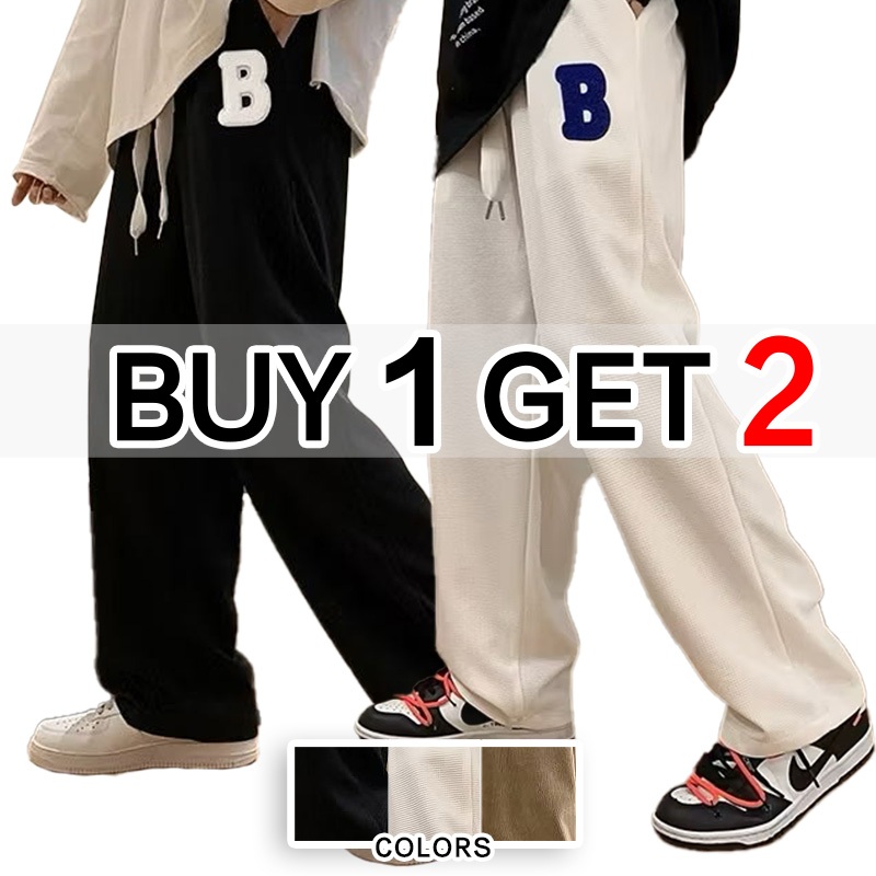 BUY 1 Get 2 (total 2) Waffle pants loose straight cut pants Letter B ...