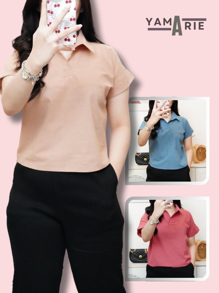 Yamari Basic Casual Collared Linen Polo Top | AUBREY 3 Sizes | Shopee Philippines