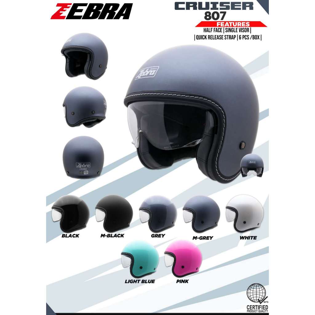 Zebra 807 Half Face Clear Visor Retro Classic Helmet for Motorcycle Men ...