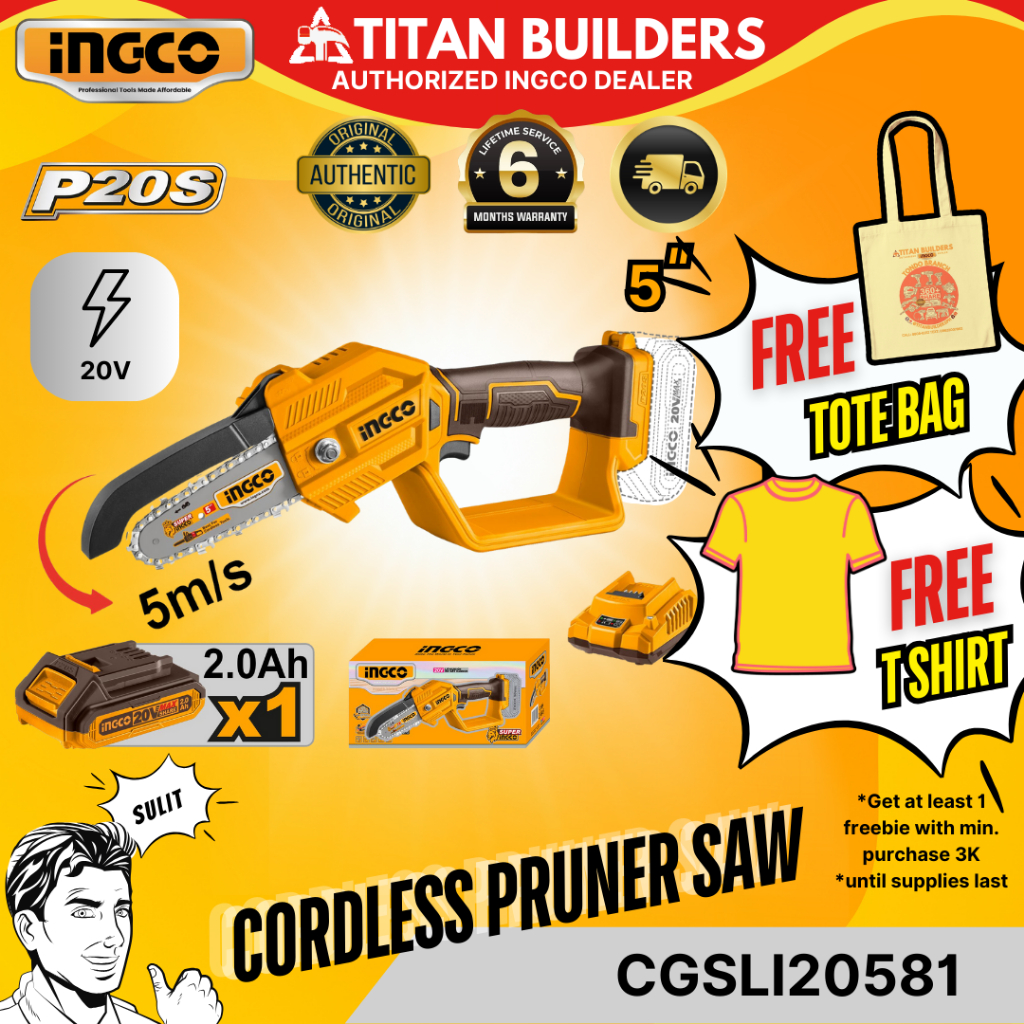 Ingco by Titan Cordless Pruner Saw 20V, 5” Bar, 5m/s Chain Speed ...