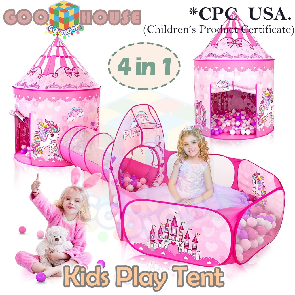 4 in 1 Kids Play Tent with Ball Pit & Crawl Tunnel Princess Tent for ...