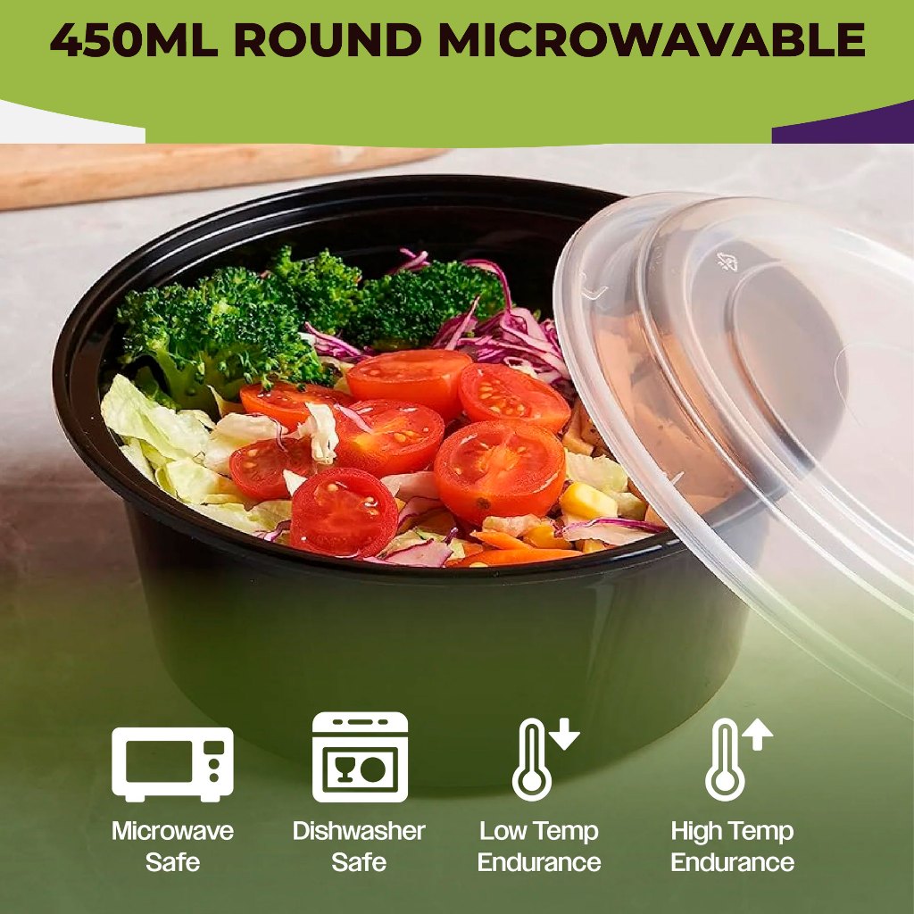 10pcs Microwavable 450ml Black RO450 Round Microwavable Food Container ...