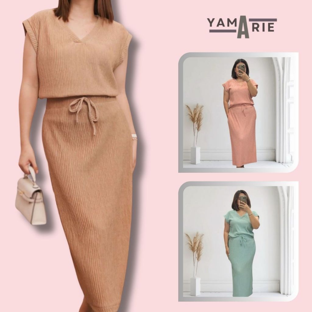 Yamari.Ph Bark Crepe Nicole V-neck Top and Skirt Terno Set | Shopee Philippines