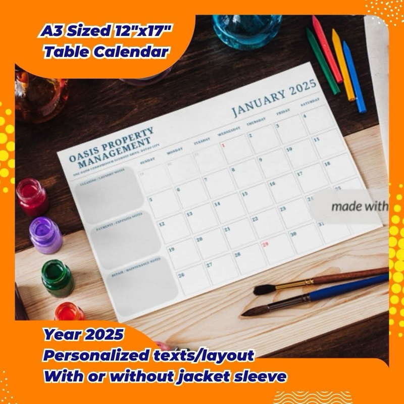 A3 Table Calendar 12”x17” Personalized Logo Texts Business Stationery ...