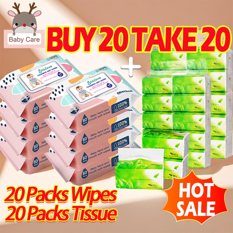 New 10/20/40 Pcs 80 Sheet Per Pack Baby Wipes and 10 Packs Tissue ...