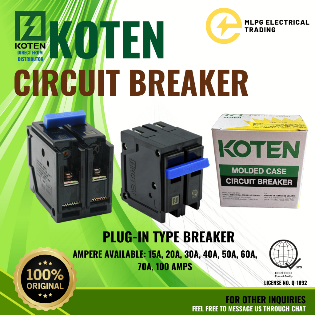 Koten Circuit Breakers 2 Pole (HPH-P) PLUG-IN 15A 20A 30A 40A 60A 70A 100A | Shopee Philippines