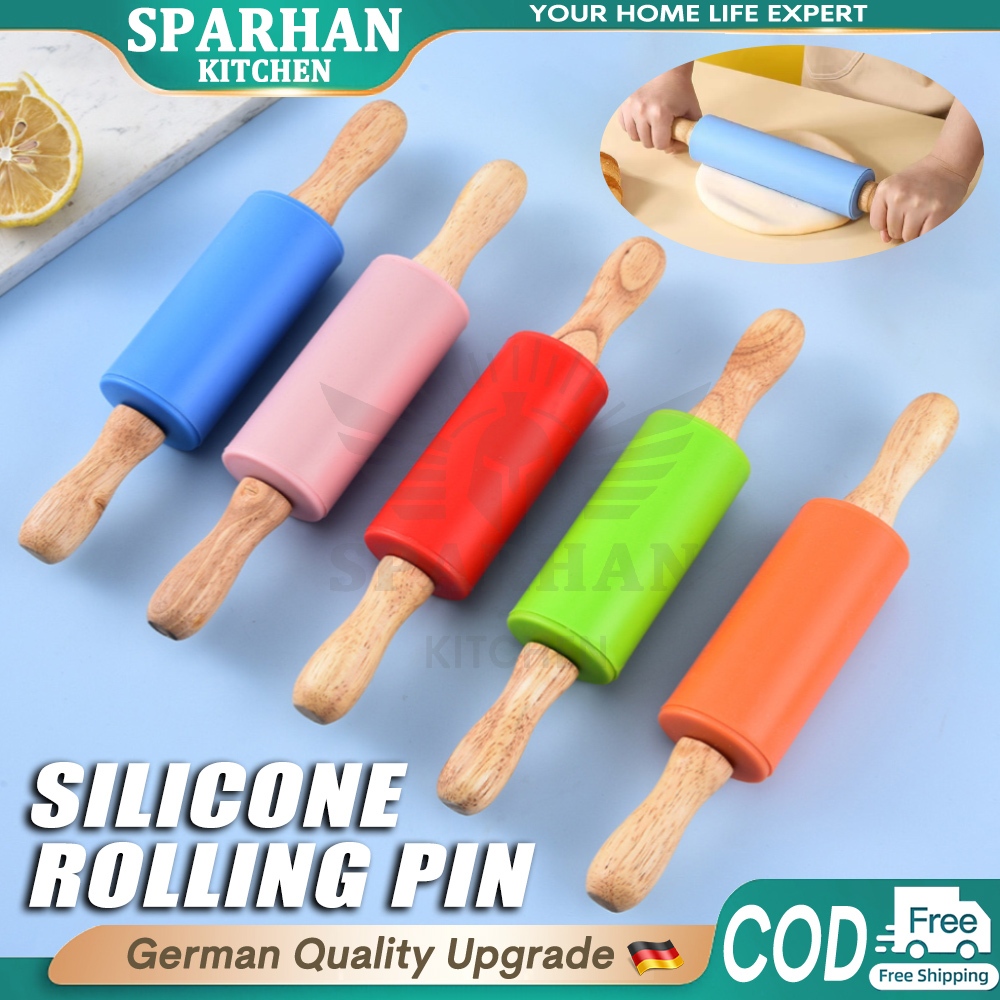 Non-Stick Silicone Rolling Pin Wooden Handle Pastry Dough Flour Roller ...