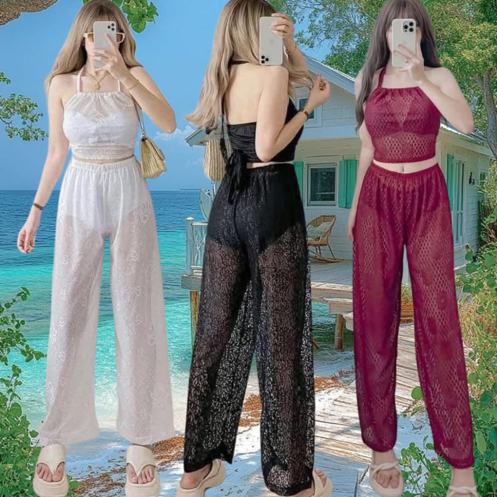 Terno Set Swimwear Cover Up Pants and Top Net Lace Fabric Beachwear ...