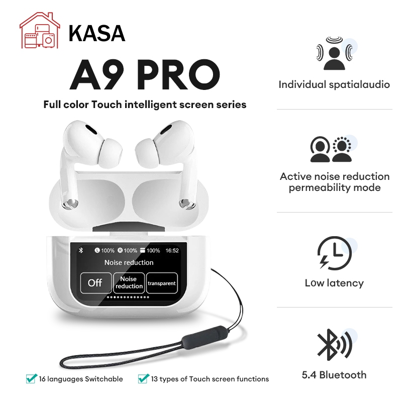 KASA A9 Pro Wireless Earphones Touch Screen Display ANC Gaming Noise ...