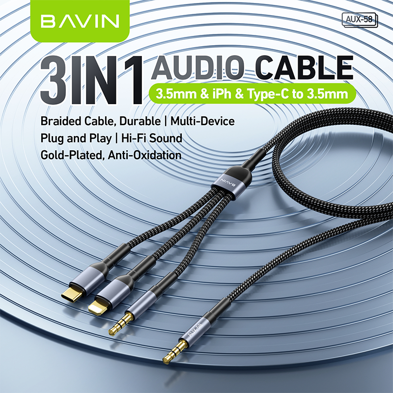 SATA BAVIN 3 in 1 Hi-Fi Audio Cable Plug & Play w/ 3.5mm & iPh & Type-C ...