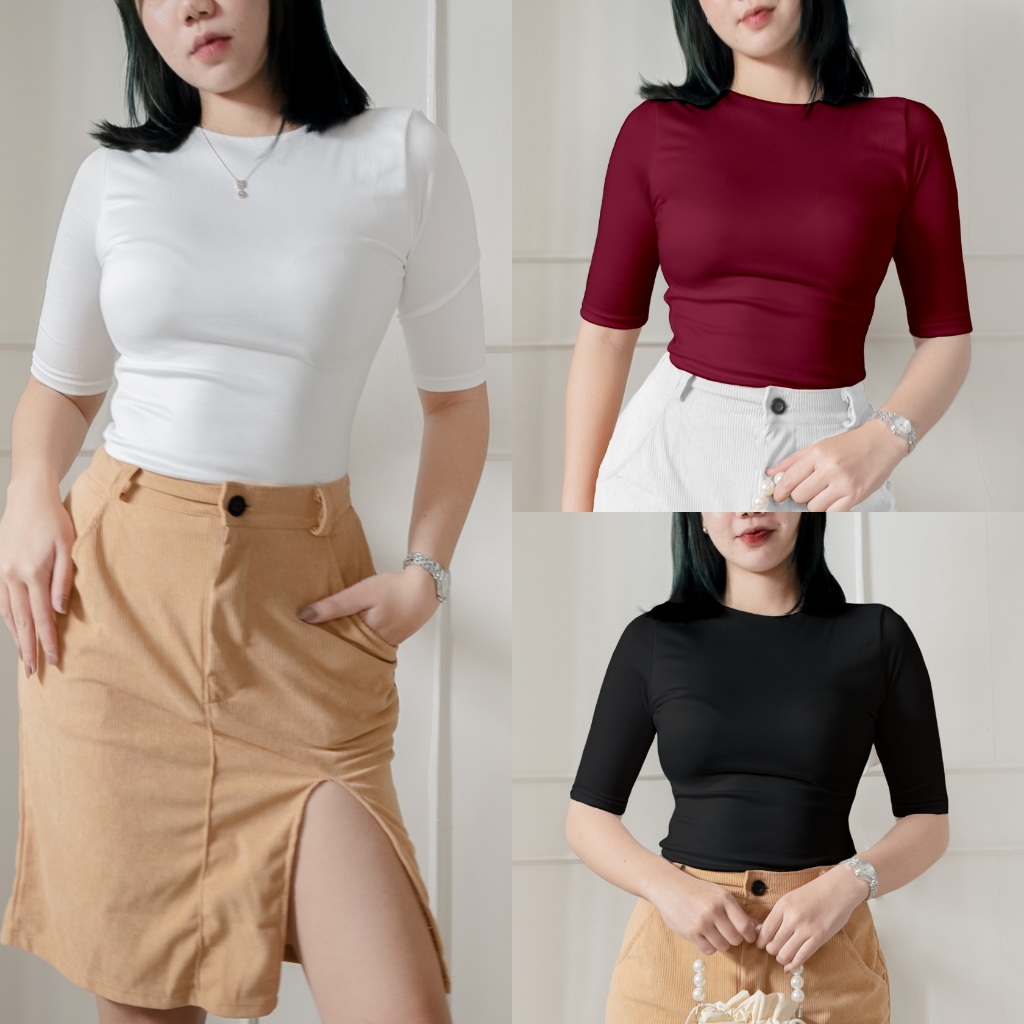 KILY.PH Crew Neck Top Double Lining 3/4 Sleeves Basic Plain Tops ...