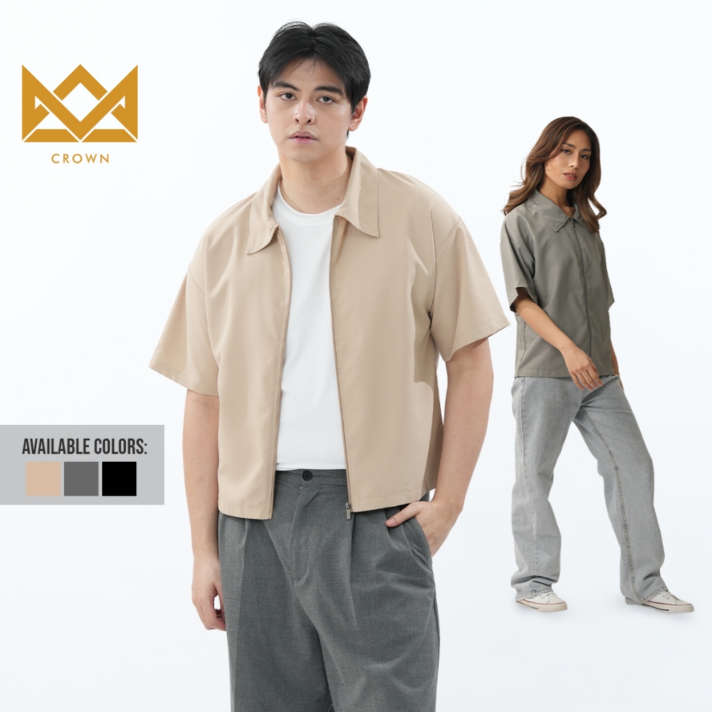Crown Mens Full Zipped Boxy Polo with Collar Plain Korean Style Tops ...