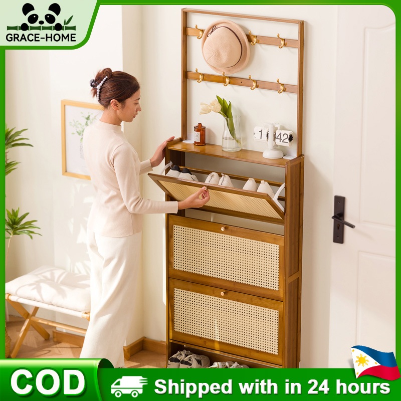 [Narrow edge]Shoe rack Shoe Cabinet Wooden Door With Cover Rattan Shoe ...