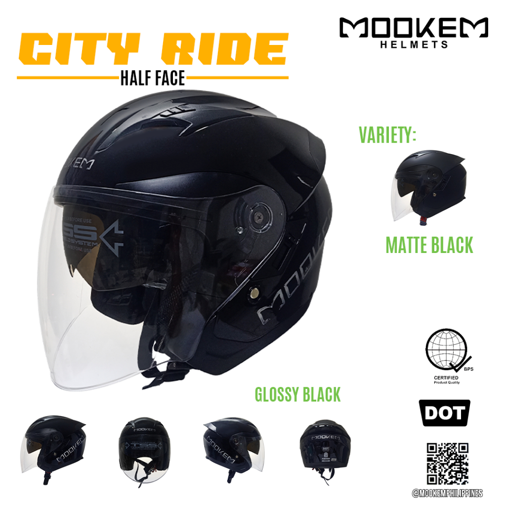 Mookem Z003 City Ride - Mono Black - Half Face Dual Visor Helmet with ...
