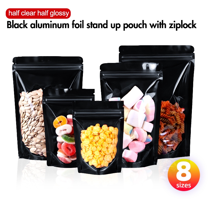 100pcs Half Black Aluminum Half Clear Stand Up Pouch Packaging ...