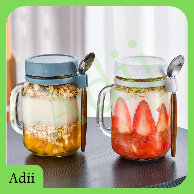 480ml Glass Oatmeal Jar with Handle Lid and Spoon Oats Containers for Cereal Salad Yogurt Mason ...