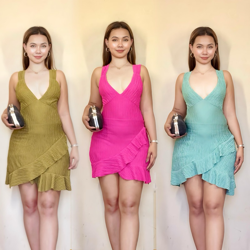 JT Fashion Megan V-neck Raffles Mini Dress Bark Crepe Fabric | Shopee ...