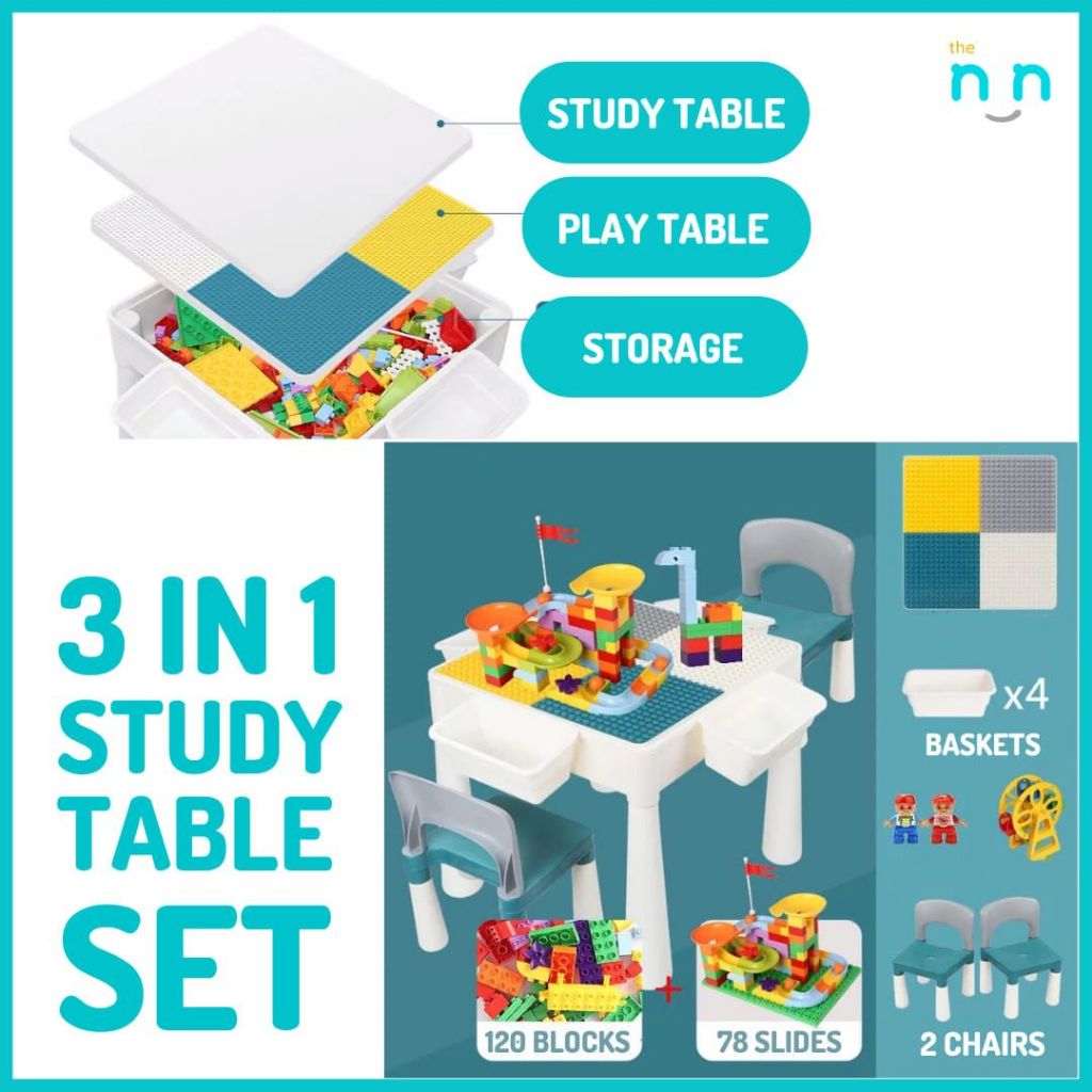 3 in 1 Lego Study Table for Kids | 2 CHAIRS BUILDING BLOCKS TABLE HIGH ...