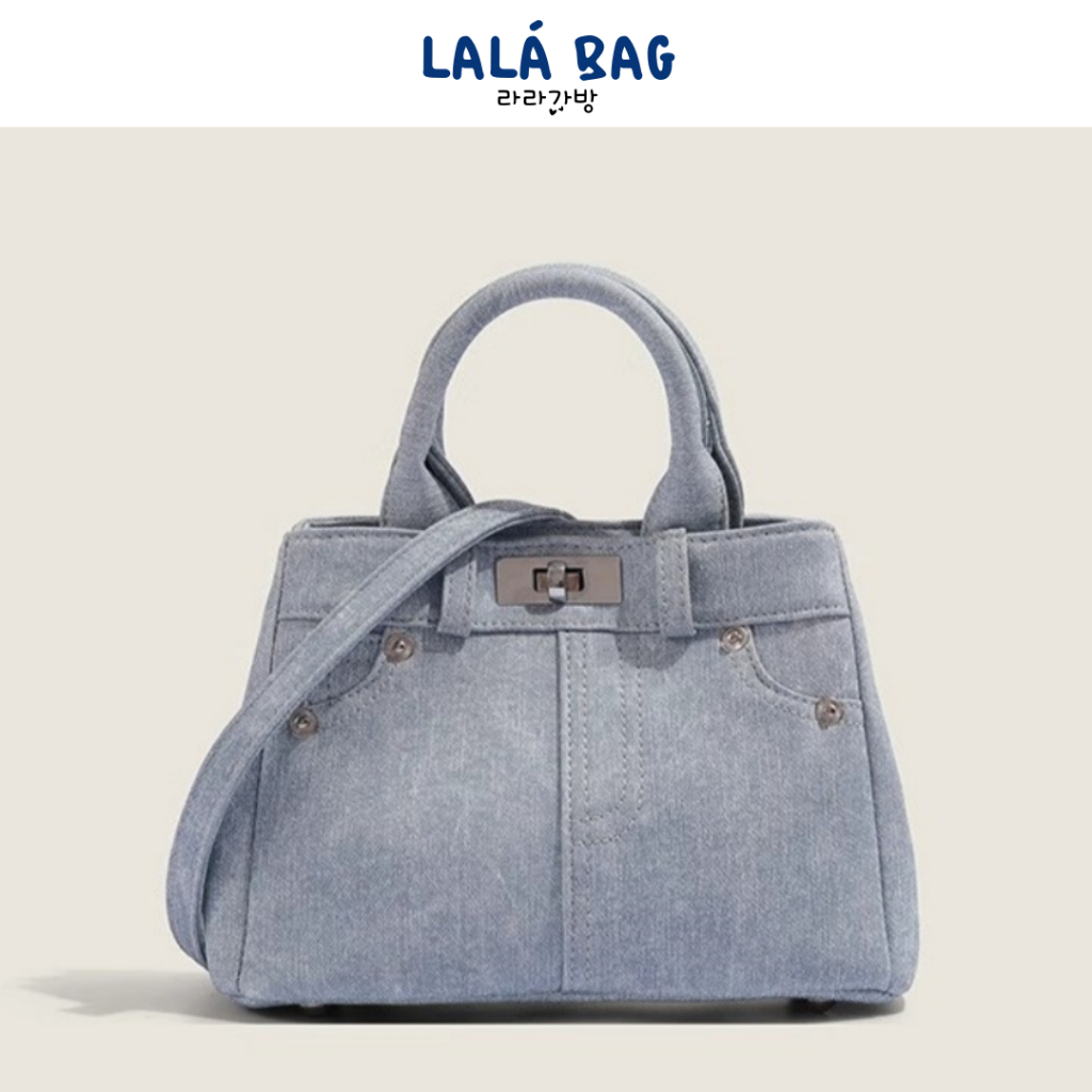 LALÁ BAG Peekaboo Inspired Denim/Pebbled Leather Satchel Handbag with ...