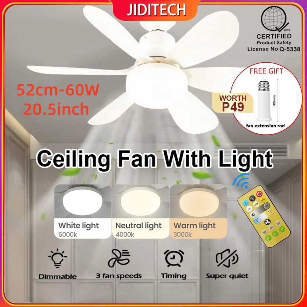 Jiditech E27 Ceiling Fan With Light 52CM-60W 3Color Remote Control 2 IN ...