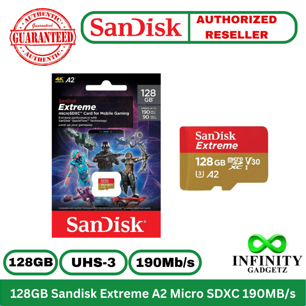SanDisk Extreme 128GB Micro SD Class 10 190MB/s U3 V30 4K Mobile Gaming Edition SDSQXAA-128G ...
