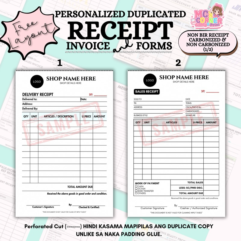 PERSONALIZED DUPLICATE RECEIPT | CARBONIZED RECEIPT | NON CARBONIZED ...
