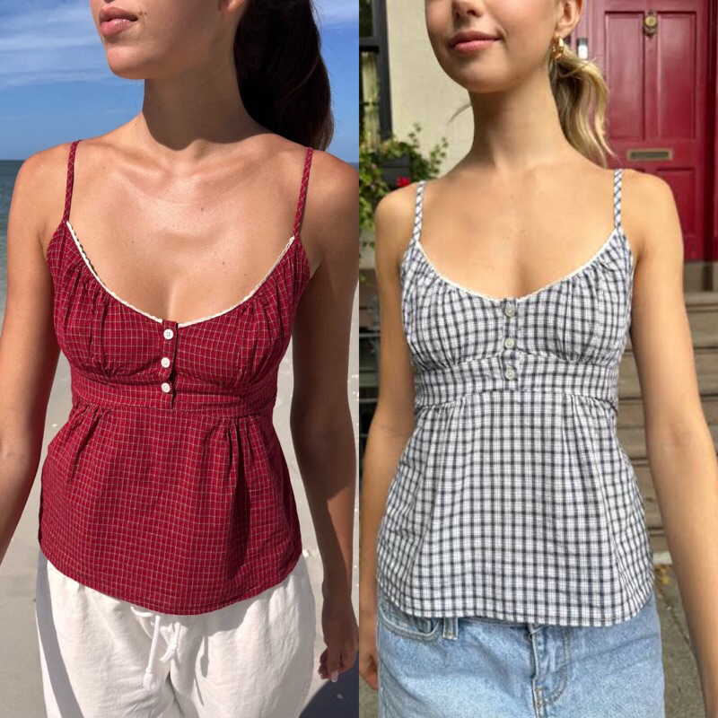 Brandy Melville Tiffany Button Tank Top Babydoll Red Blue Plaid ...