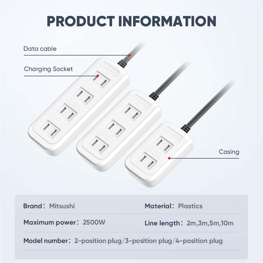 Mitsushi Power Strip Socket 2500W/10A Extension Outlet 2/3/4 Sockets ...