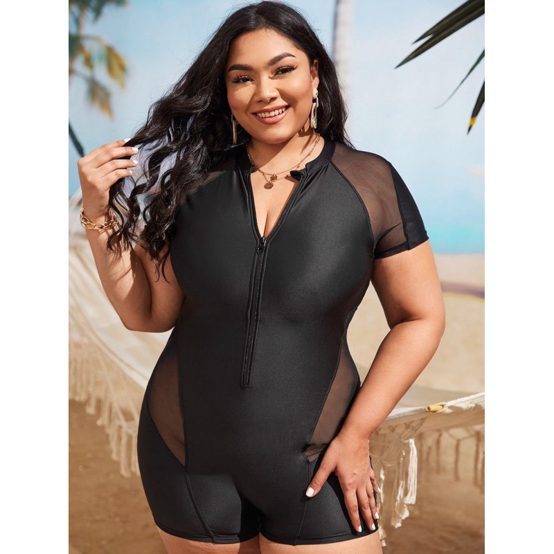 Plus Size One Piece Swimsuit with Mesh Short Type with Sleeve | Shopee ...