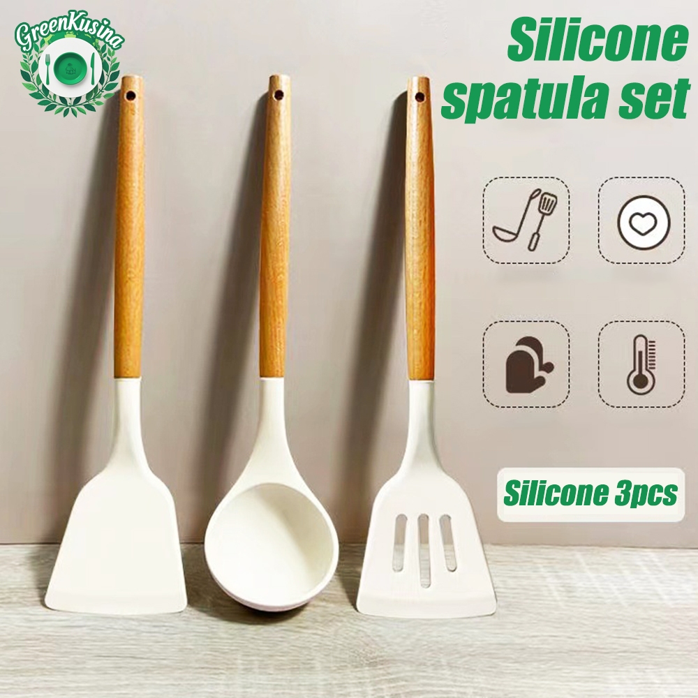 3PCS White Silicone Kitchen Utensils Set Cooking Utensils Set Wooden ...