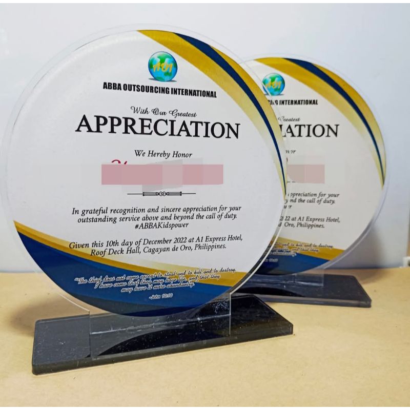 Customized Acrylic Plaque of appreciation | Shopee Philippines
