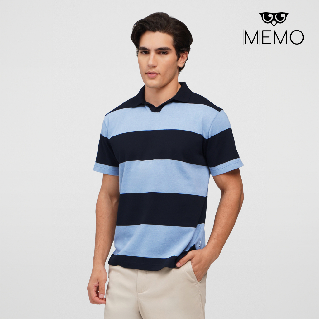 Memo Regular Wide Stripe Open Collar Polo For Men (Midnight Navy ...