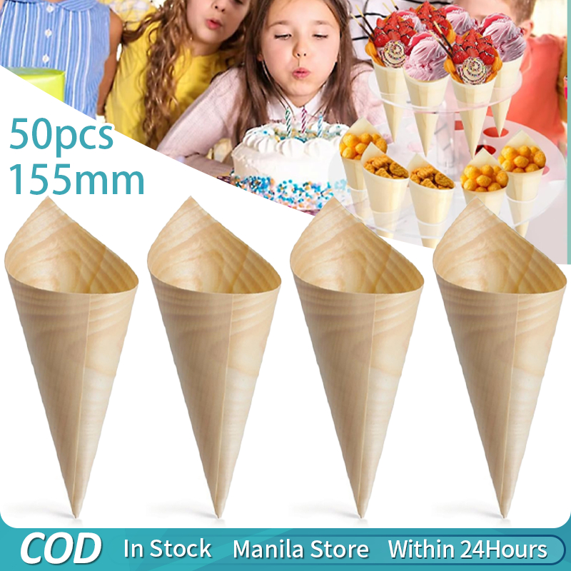 50pcs Disposable Wood Charcuterie Cones Food Ice Cream Cone for Wedding ...