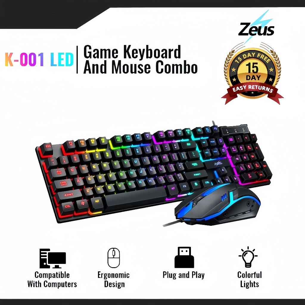 Zeus K001 - LED Backlight Wired Gaming Keyboard And Mouse Bundle Plug ...