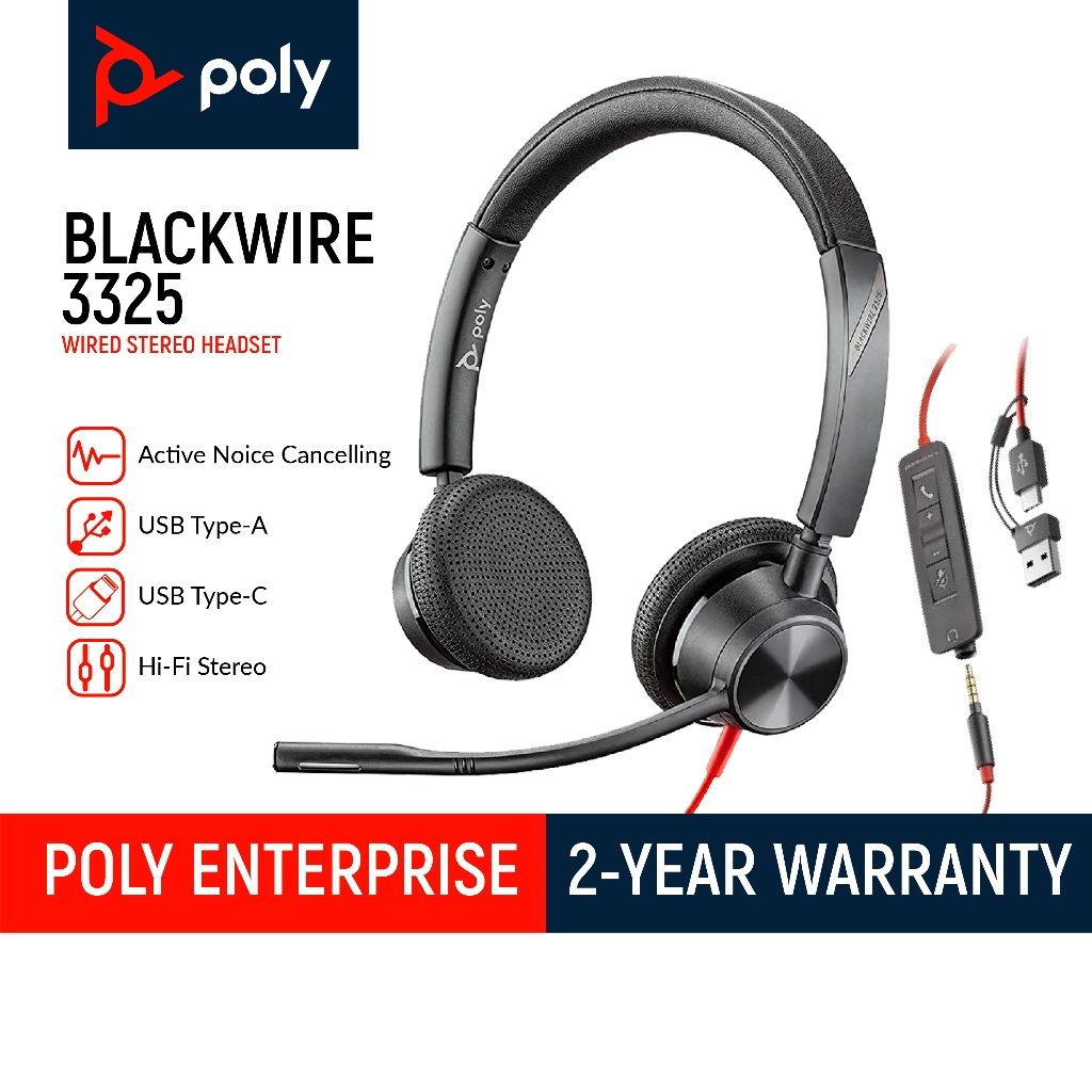 Poly Blackwire 3325 Stereo USB-C Headset +3.5mm Plug +USB-C/A Adapter ...