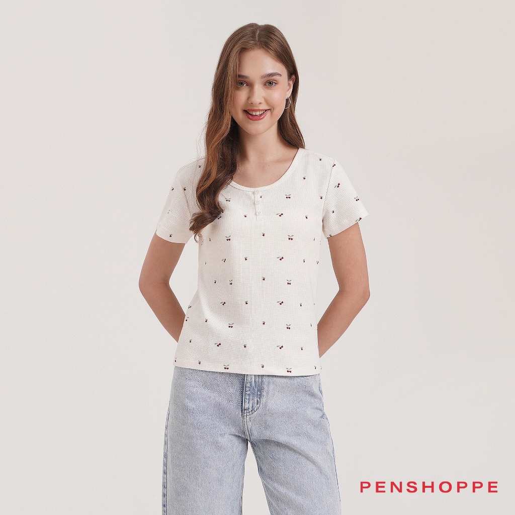 Penshoppe Cherry All-Over Printed Henley Regular Fit Top For Women (Off ...
