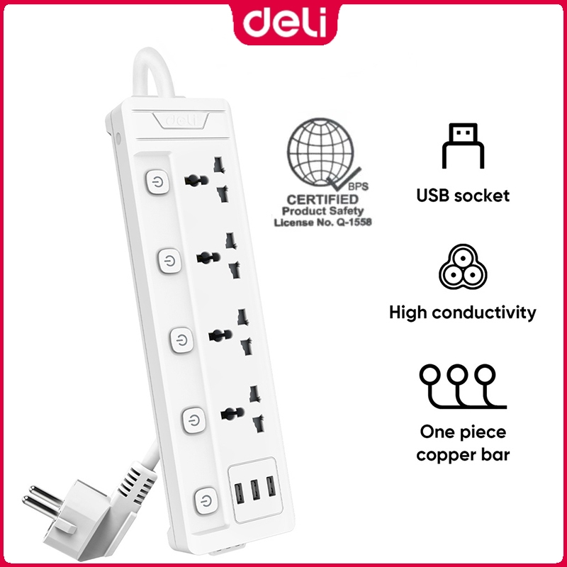 Deli 2m Multi Function Universal Hole Extension Cord Socket With Power Socket 3 Usb Ports
