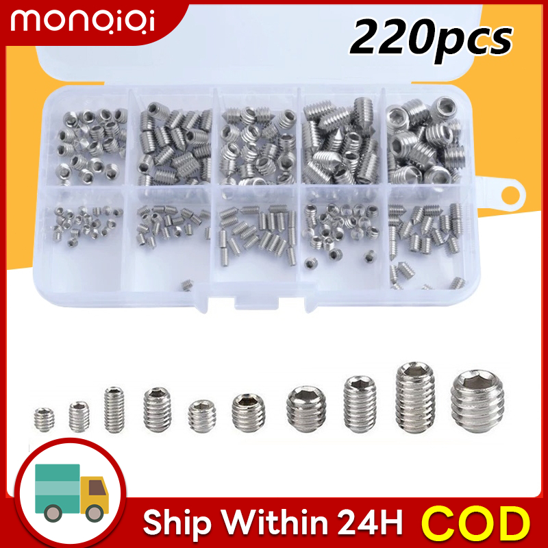 220pcs M3 M4 M5 M6 M8 Allen Head Socket Set Grub Headless Screws Flat ...