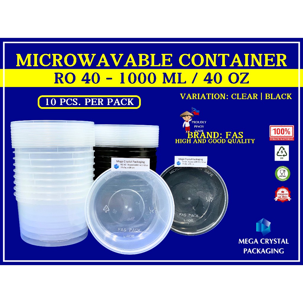 [ 10 Pcs ] Microwavable Container Round RO 40 - 1000 ml CLEAR / BLACK ...