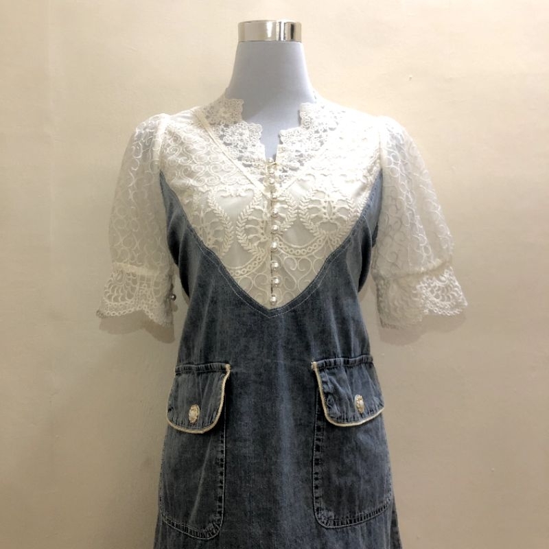 Preloved Elegant Lace White Puff Combi Denim Dress | Shopee Philippines