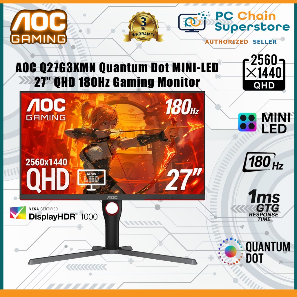 AOC Q27G3XMN MINI-LED Quantum Dot Gaming Monitor - 27" QHD Fast VA ...