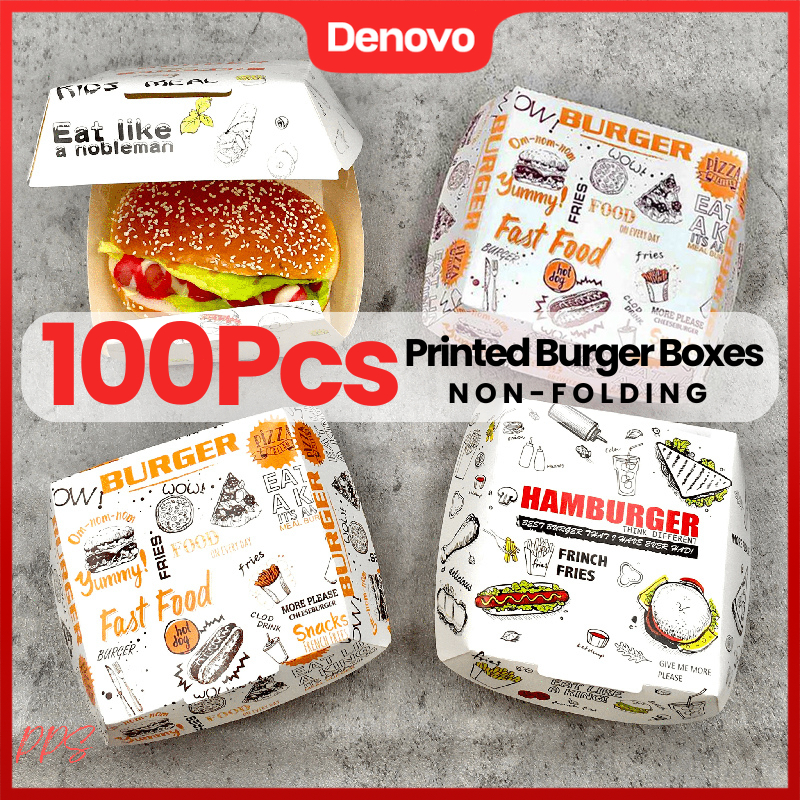 100Pcs Eco Friendly Printed Burger Boxes Self-Fold Disposable For ...