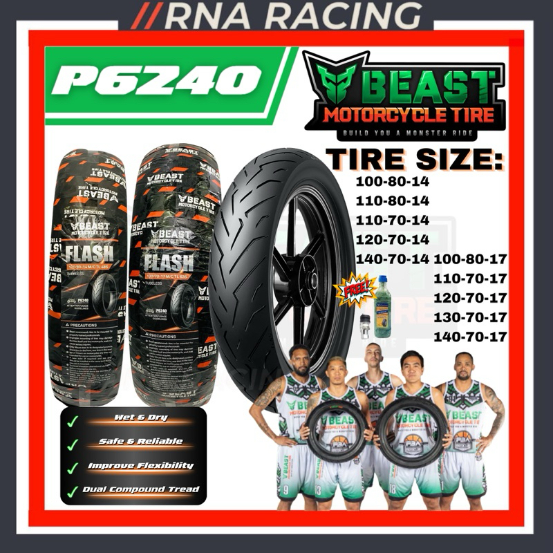 Beast Flash P6240 Motorcycle Tubeless Tire Gulong with Tire Sealant and ...