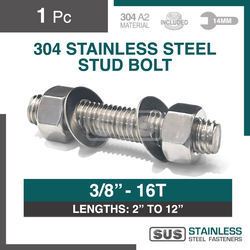 1pc SS304 Stainless Steel Stud Bolt / SS Fully Threaded Studs UNC 3/8 ...