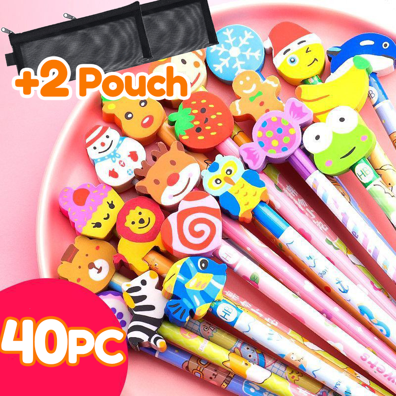 BackToSchool 40PC HB Pencil Set with Cartoon Eraser Lapis for Kids ...