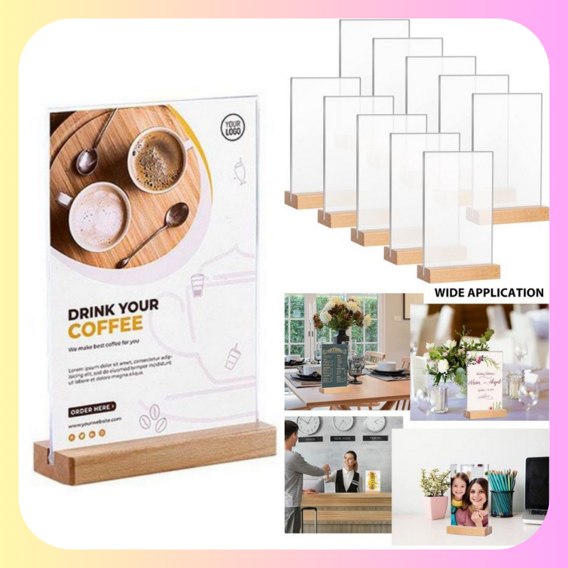Acrylic Menu Stand Wooden Base T-Shape Paper Display Stand Picture ...